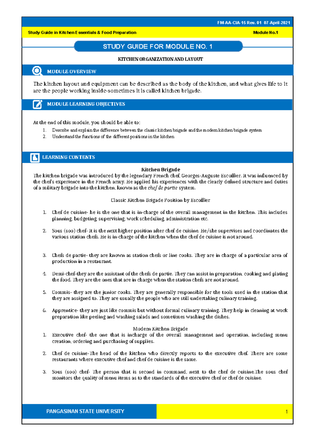 Kitchen Essentials Module 1 - STUDY GUIDE FOR MODULE NO. 1 FM-AA-CIA-15 ...