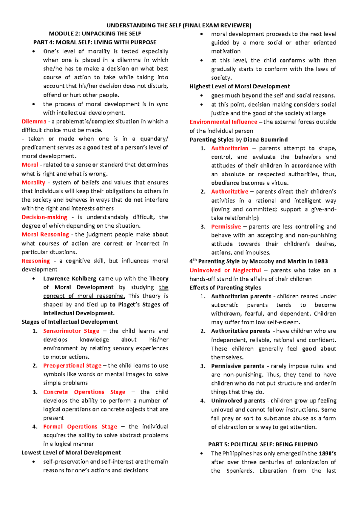 USelf Final Exam Reviewer - MODULE 2: UNPACKING THE SELF PART 4: MORAL ...