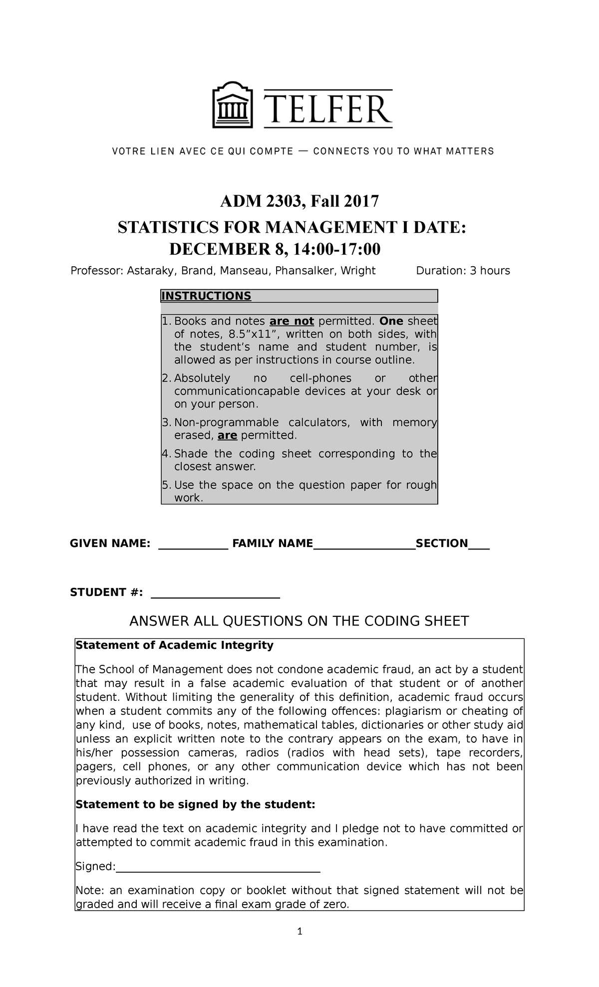 ADM2303 Final Exam 2017 - ADM 2303, Fall 2017 STATISTICS FOR MANAGEMENT ...