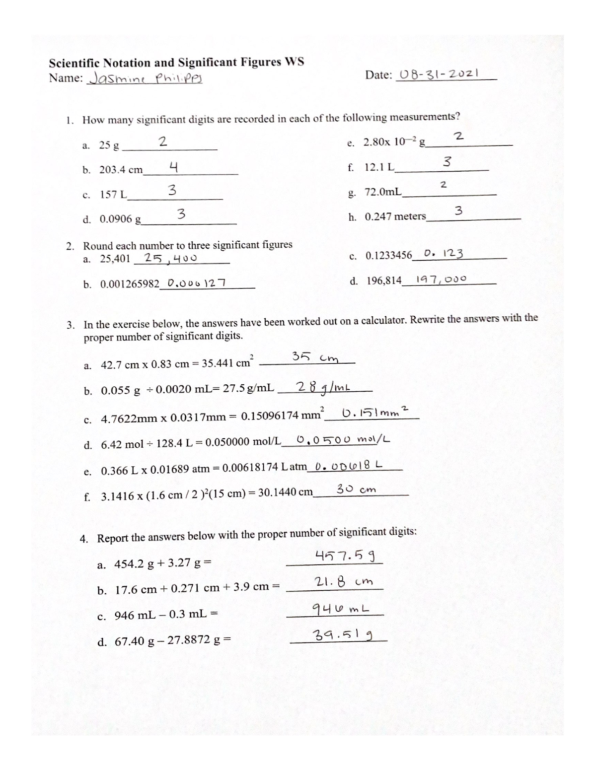 Scientific Notation and Significant Figures WS - pnvn1521 - Studocu