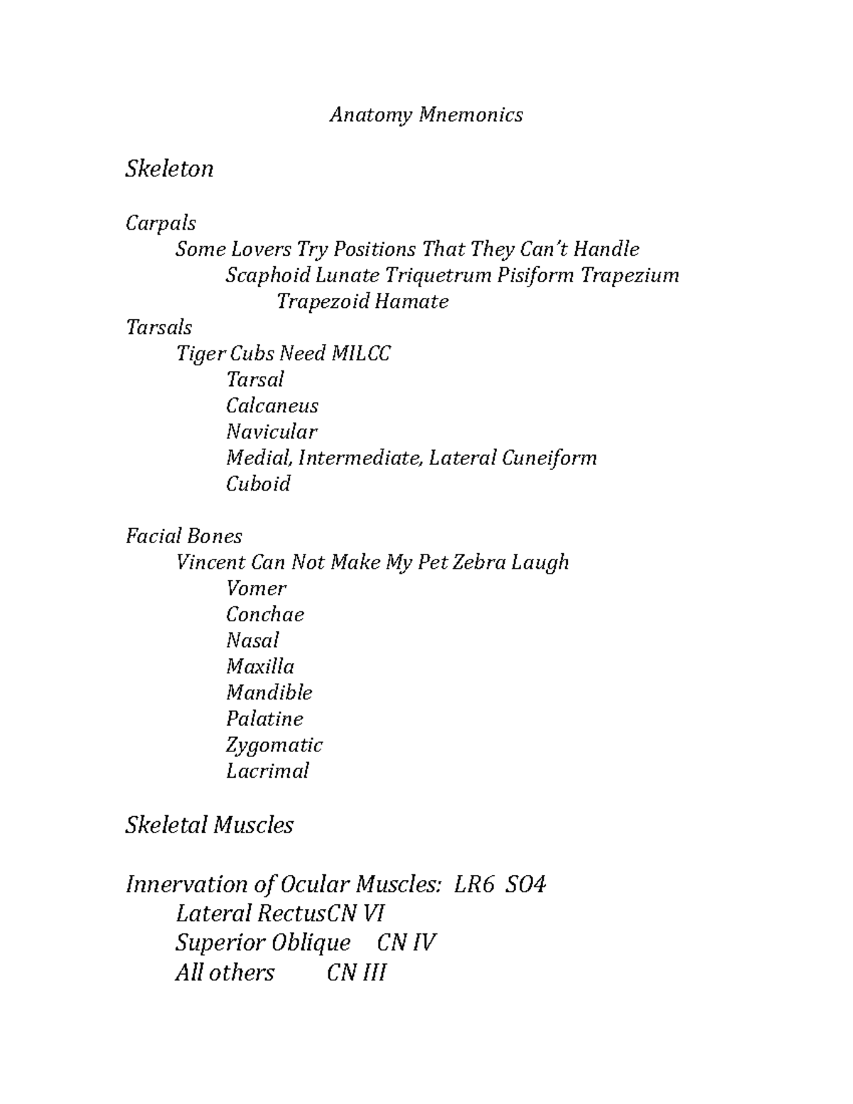 Anatomy Mnemonics - Anatomy Mnemonics Skeleton Carpals Some Lovers Try ...