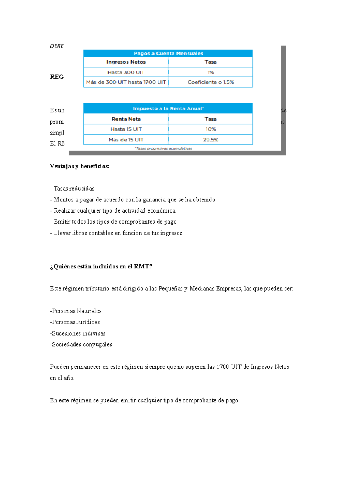 Regimen MYPE Tributario DEL Impuesto A LA Renta - Derecho Tributario y Financiero - Studocu