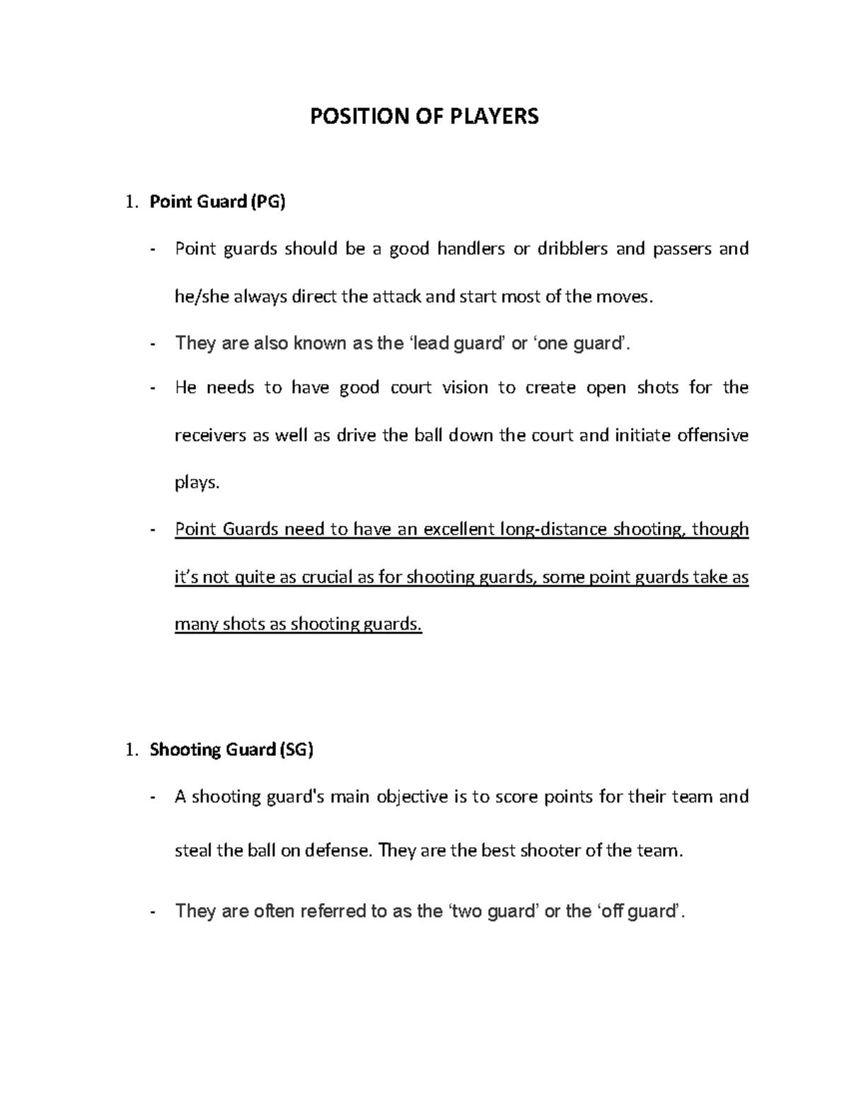 Position OF Players - basketball - POSITION OF PLAYERS Point Guard (PG ...