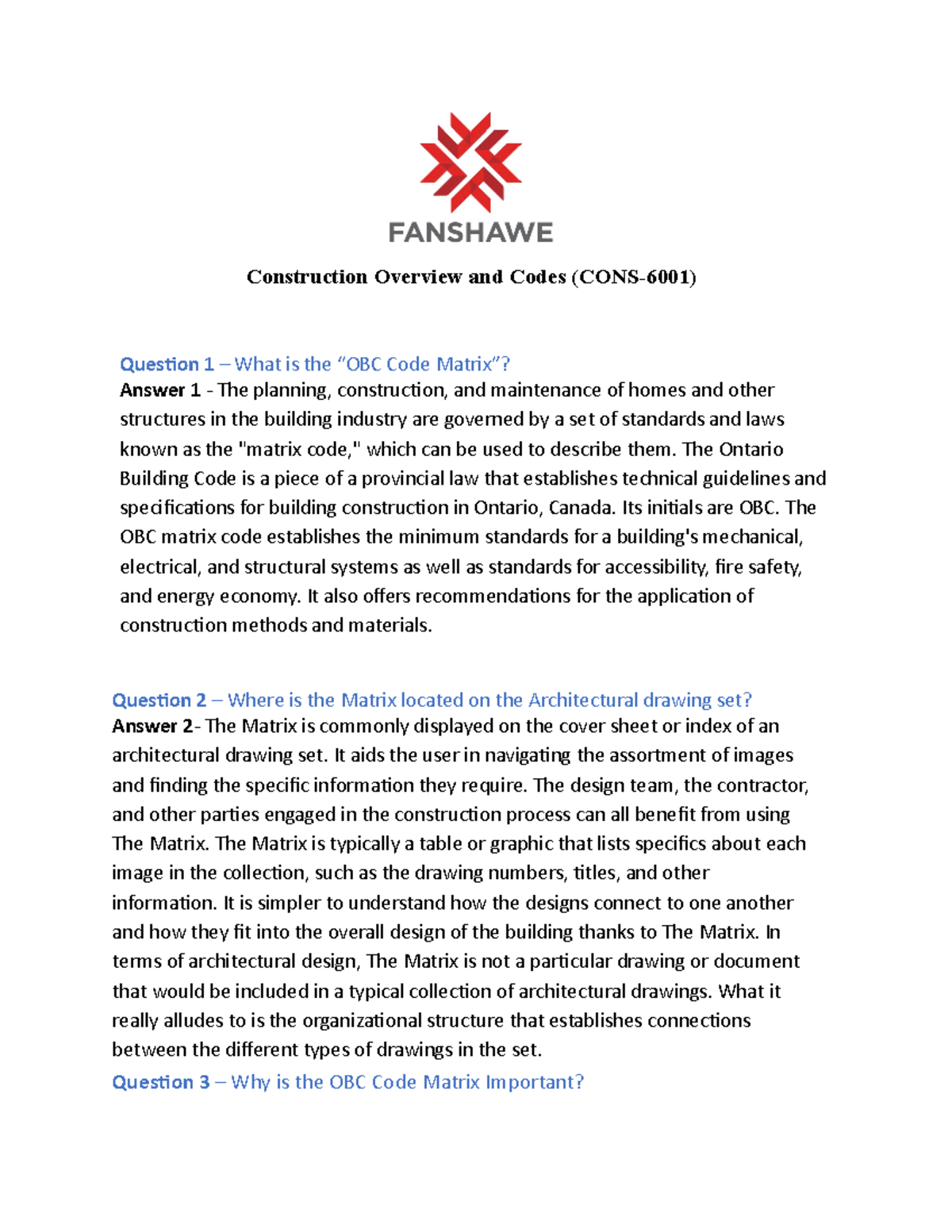 Code matrix - assignment 3 - Construction Overview and Codes (CONS-6001 ...