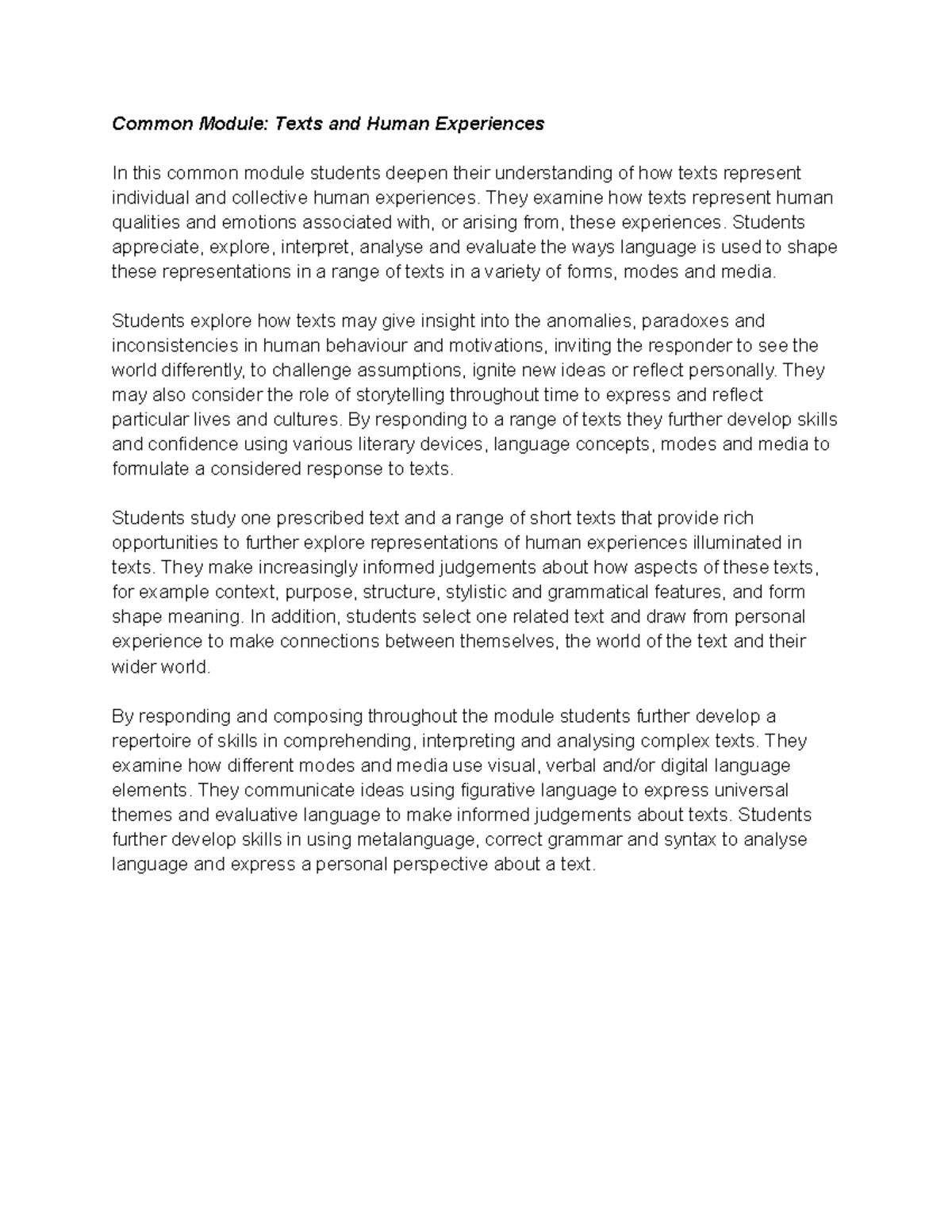 Module Descriptions - Common Module: Texts and Human Experiences In ...