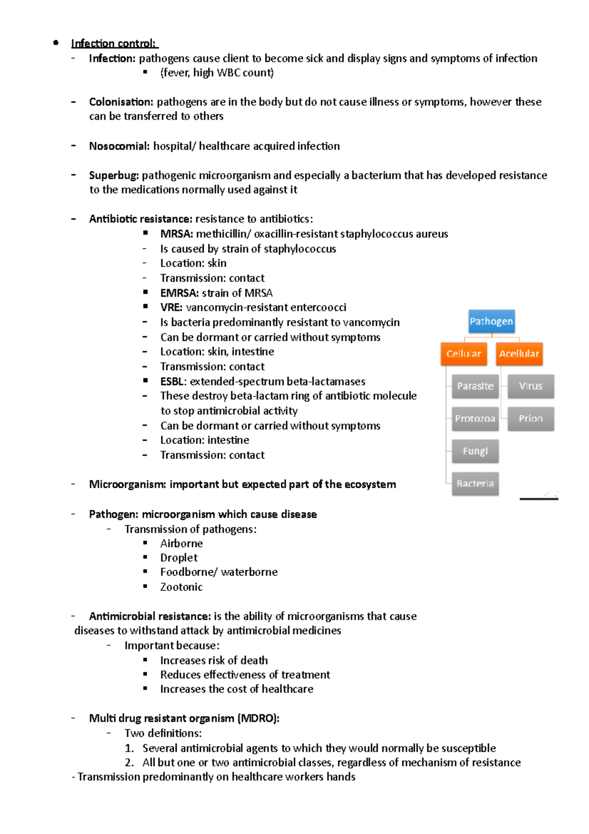 Notes for integrated exam - Infection control: - Infection: pathogens ...