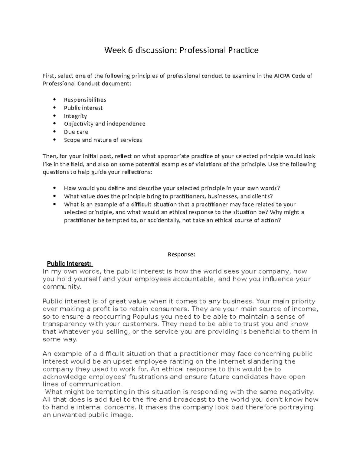 Week 6 discussion - Week 6 discussion: Professional Practice First ...