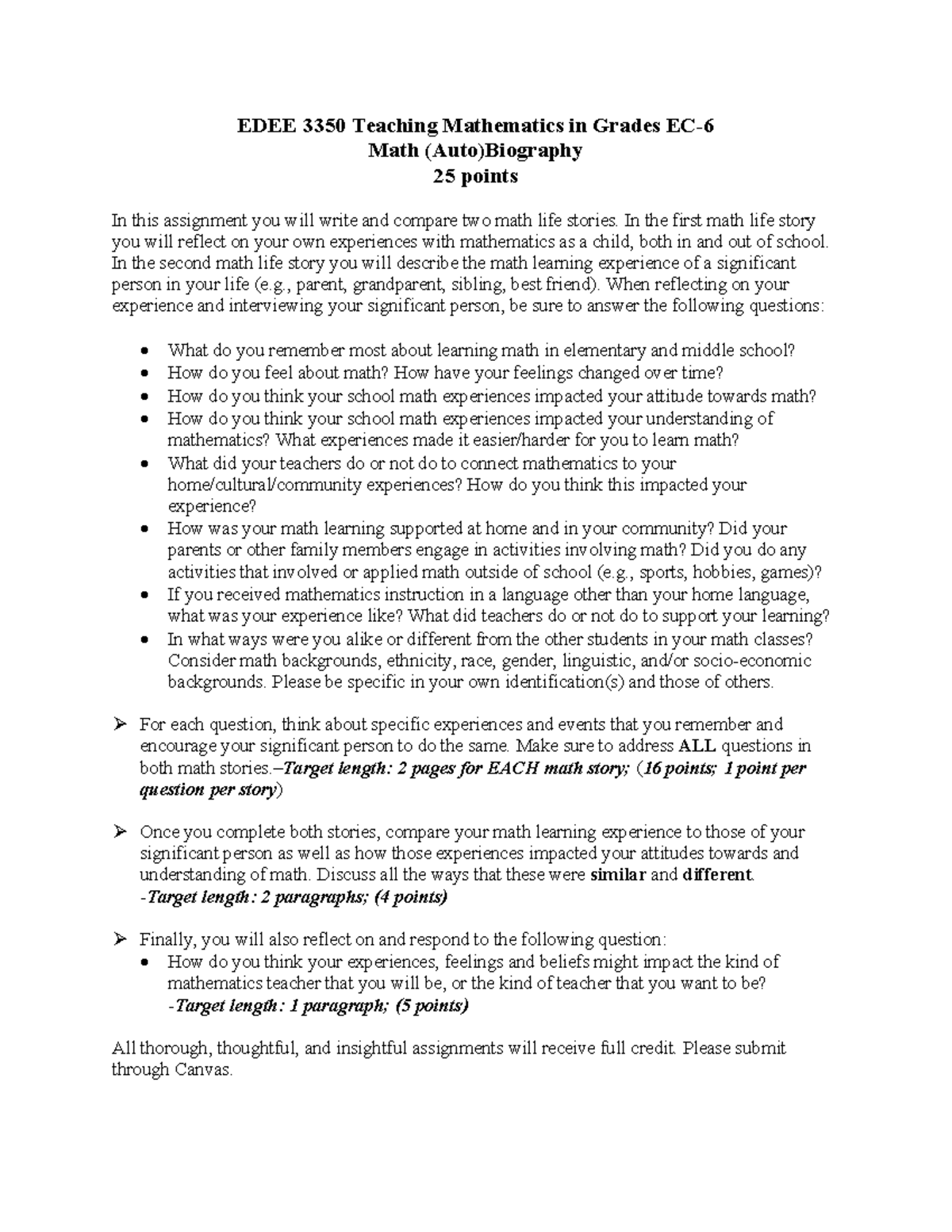 EDEE 3350 Math (Auto)biography-Fall 2021 - EDEE 3 350 Teaching ...