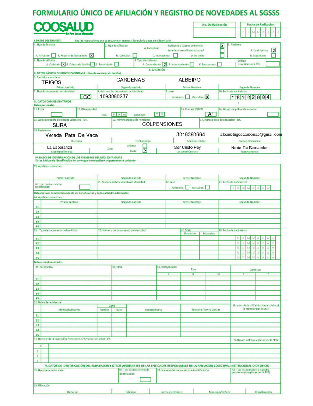 Formulario de Afiliacion y Registro de Novedades 0-1 - contabilidad y ...