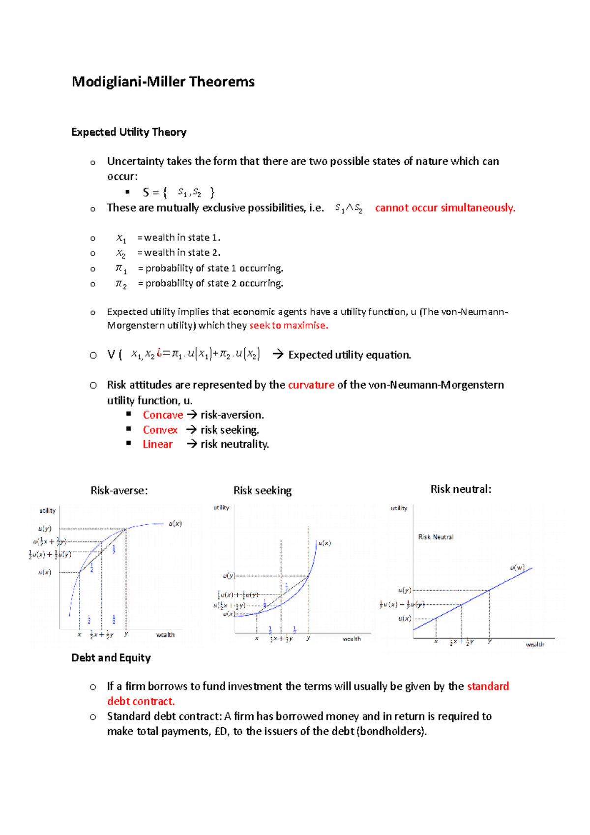 Modigliani-Miller Theorem - Modigliani-Miller Theorems Expected Utility Theory o Uncertainty ...