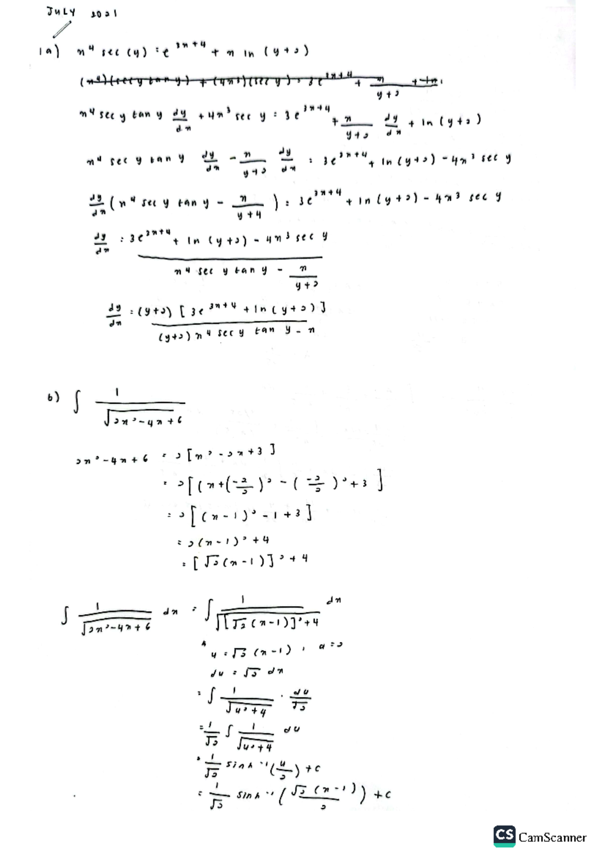 Ans final july 2021 MAT441 - JULY 2021 1a) n In n4secy tan y dy y : 36 ...