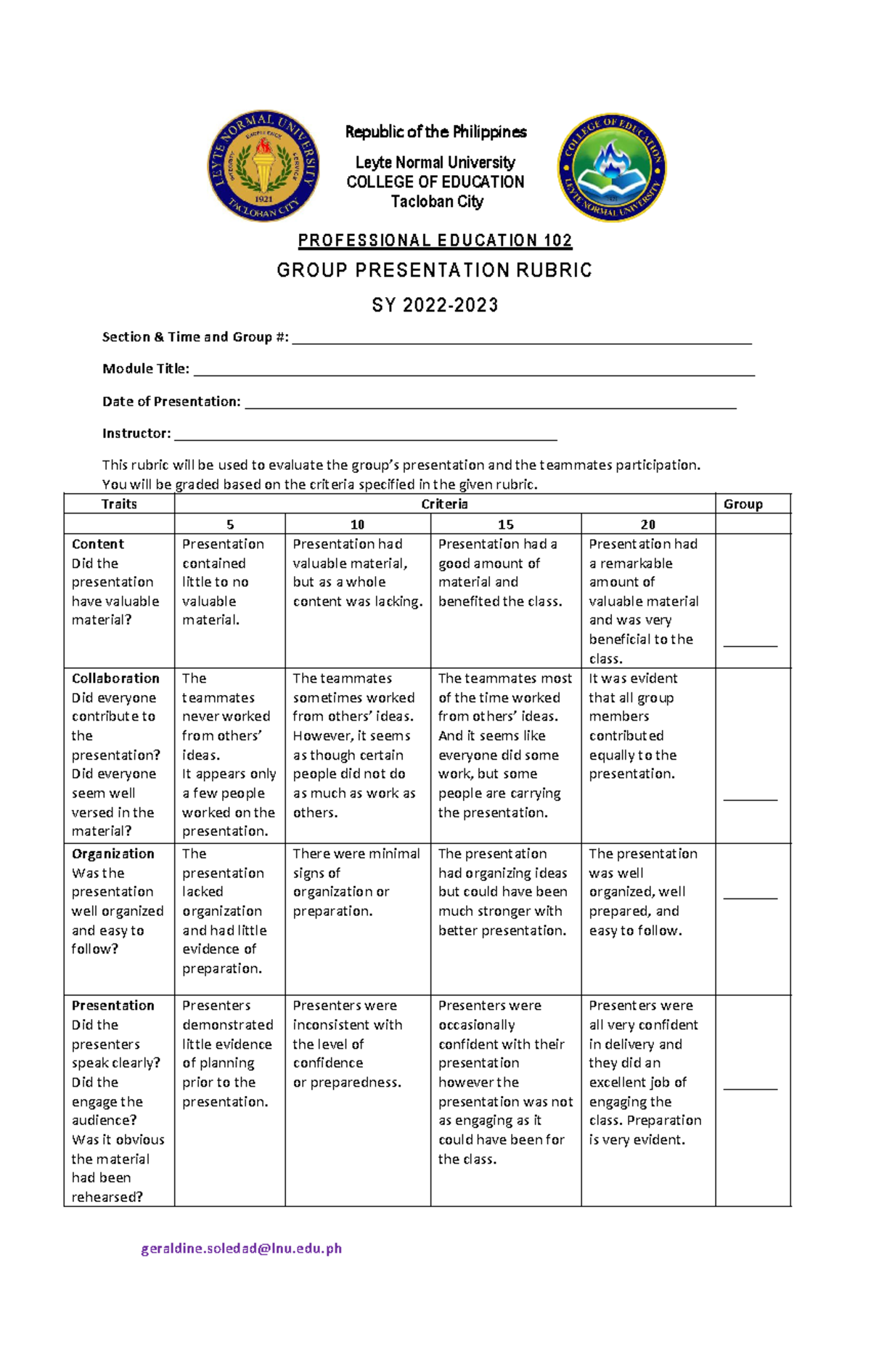 LNU Prof Ed 102 Group Presentation Rubric - Republic of the Philippines ...