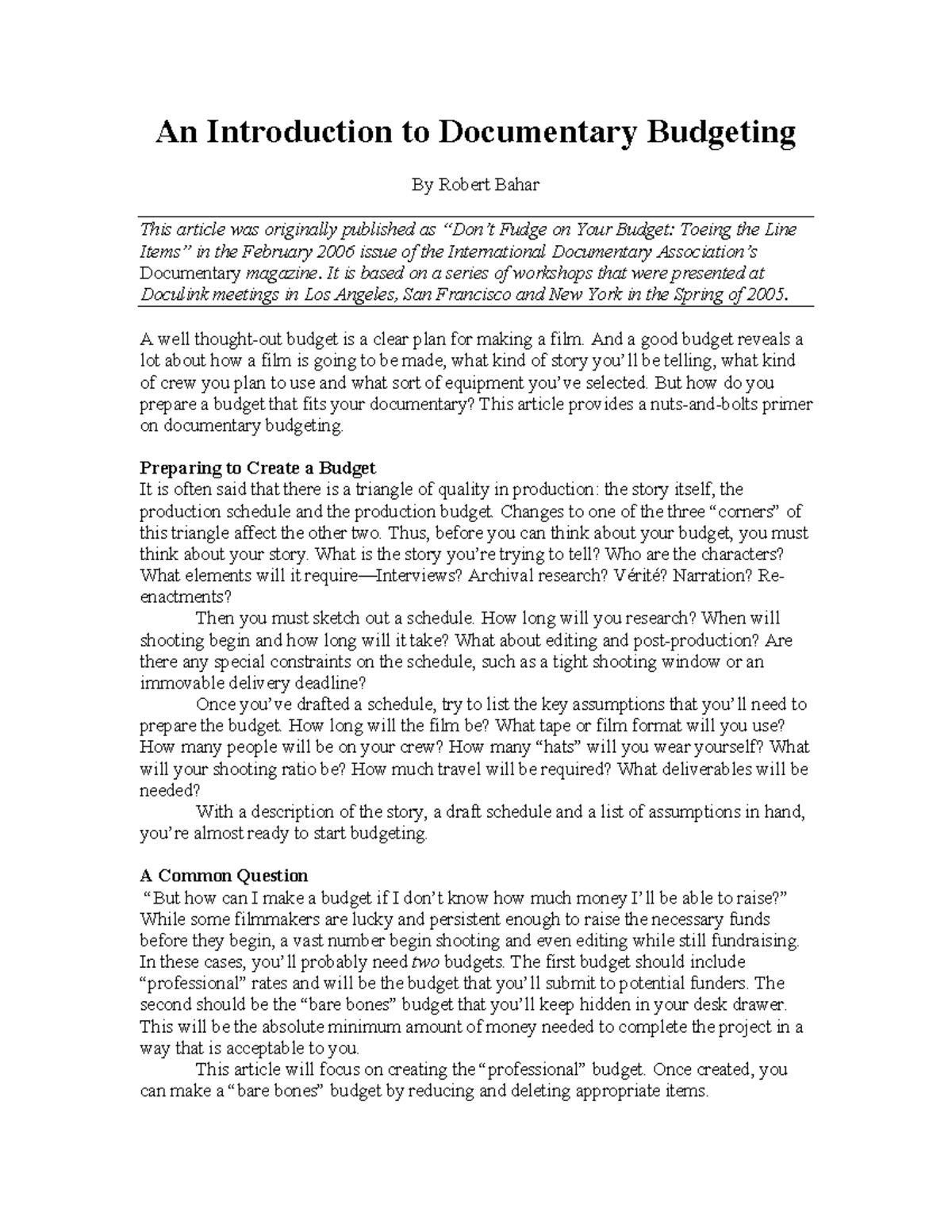 Intro Doc Budget Bahar - An Introduction to Documentary Budgeting By ...