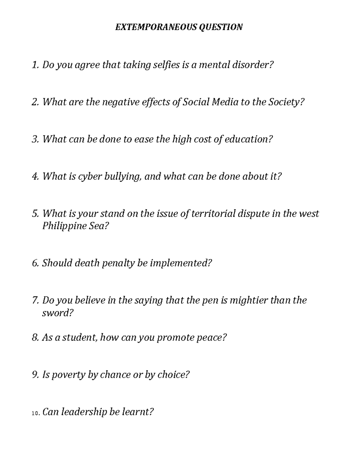 Extemporaneous Question - EXTEMPORANEOUS QUESTION 1. Do you agree that ...