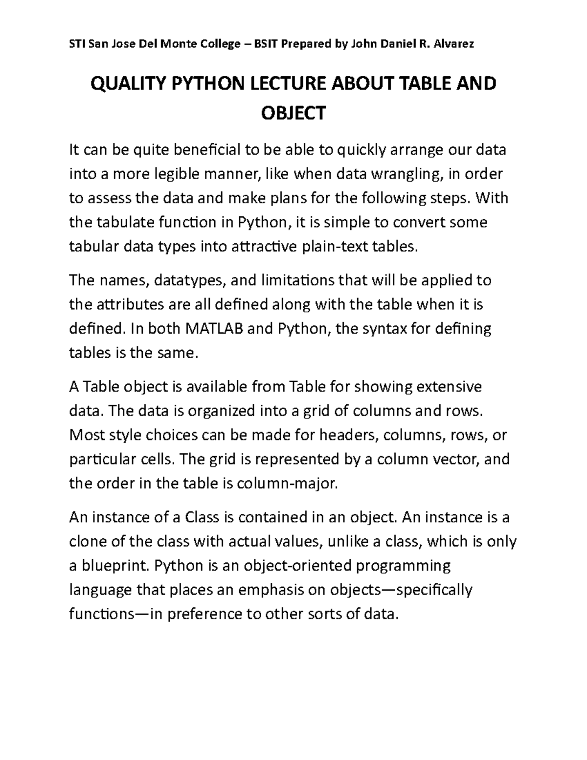 Quality Python Lecture About Table And Object Quality Python Lecture 2858