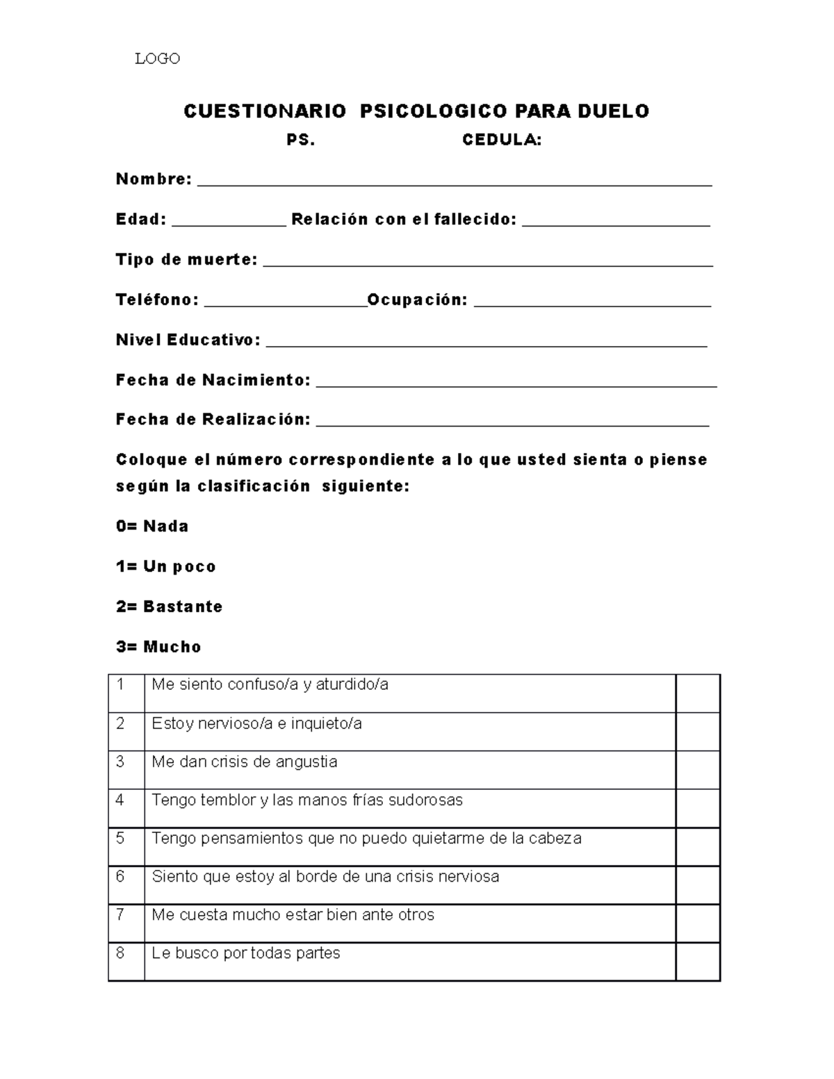 Cuestionario Psicológico para Duelo - LOGO CUESTIONARIO PSICOLOGICO PARA DUELO PS. CEDULA ...