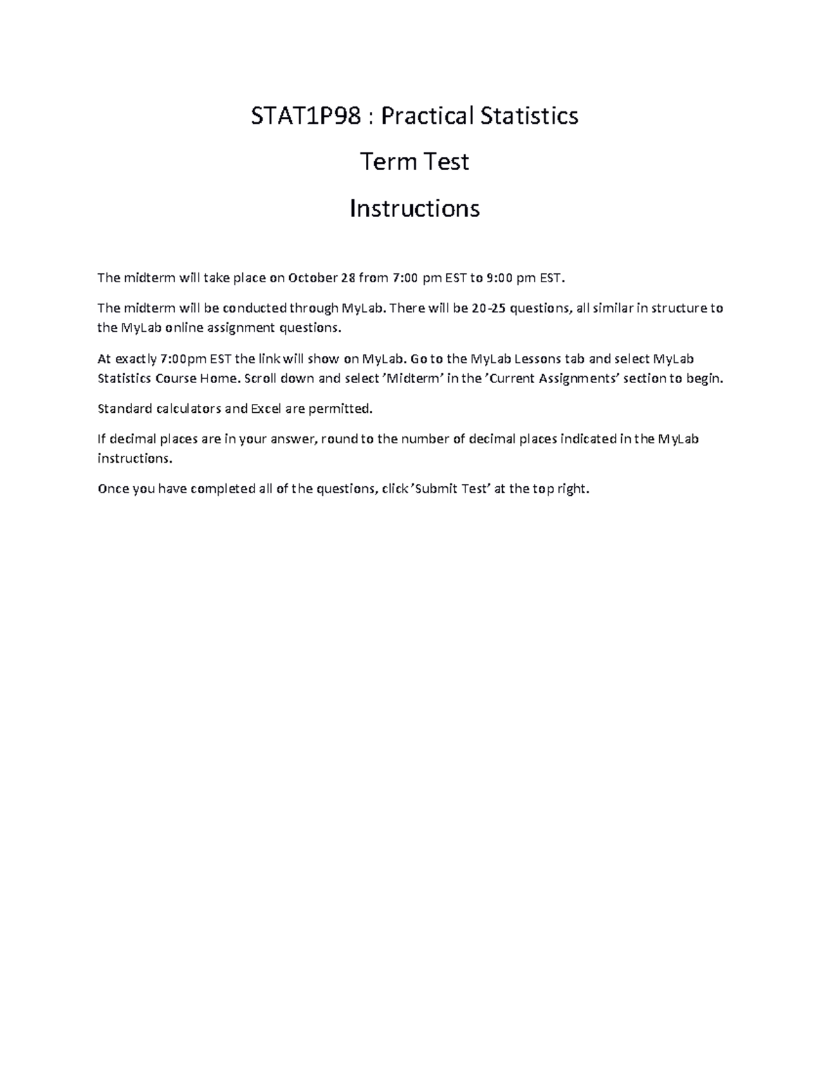 Term Test Instructions and Practice Questions - STAT1P98 : Practical ...