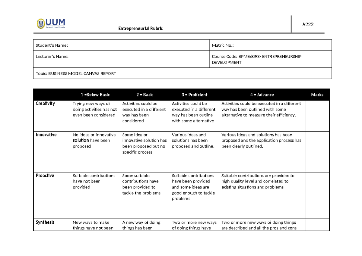 Rubric- BMC Report - Entrepreneurial Rubric A Student’s Name: Matric No ...