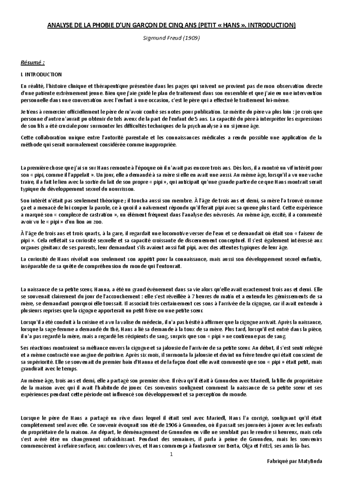 Résumé de 'Analyse de la phobie d'un enfant de cinq ans (Le petit Hans ...