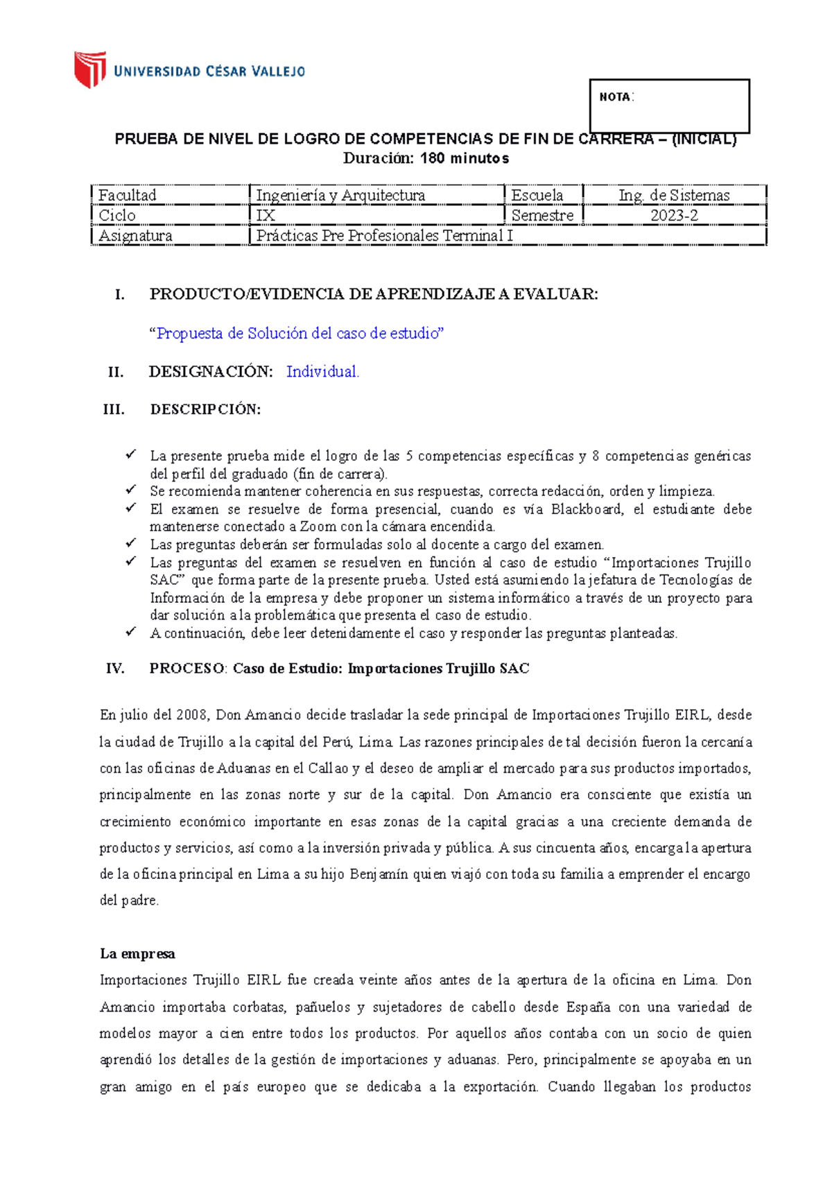 Examen PLC IV Nivel 2023-2 9no Plan C (Entrada) - PRUEBA DE NIVEL DE LOGRO DE COMPETENCIAS DE ...