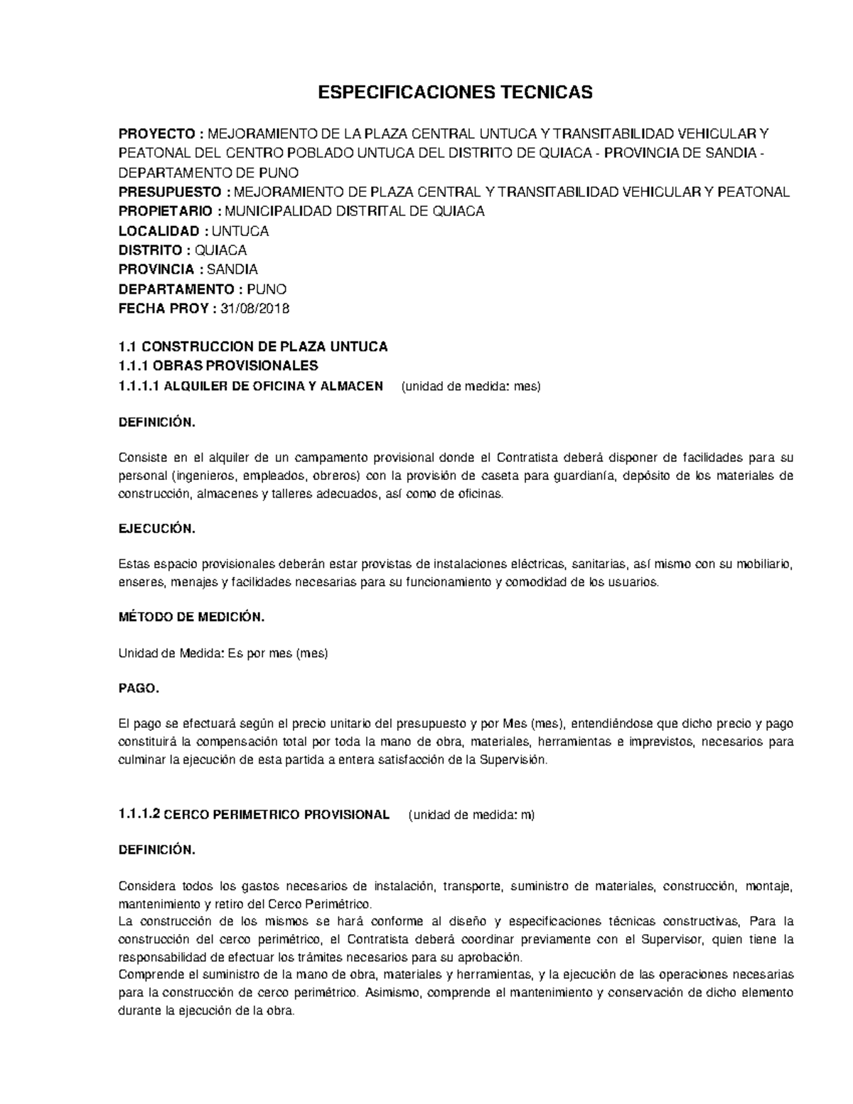 Especificaciones Tecnicas - ESPECIFICACIONES TECNICAS PROYECTO : MEJORAMIENTO DE LA PLAZA ...