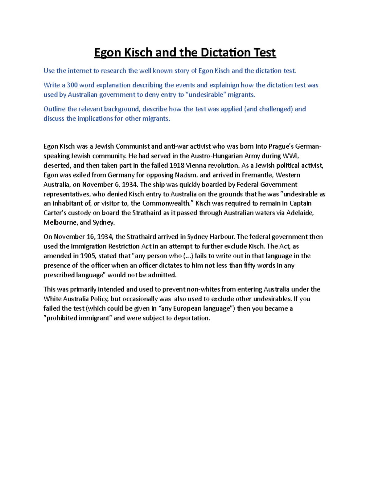 Egon Kisch and the Dictation Test - Write a 300 word explanation ...