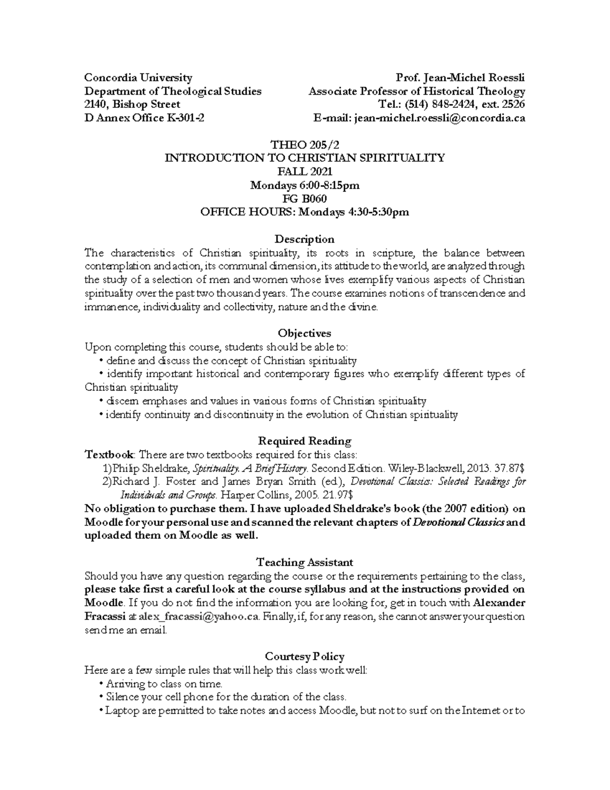 Syllabus THEO 205 Introduction To Christian Spirituality Fall 2021 
