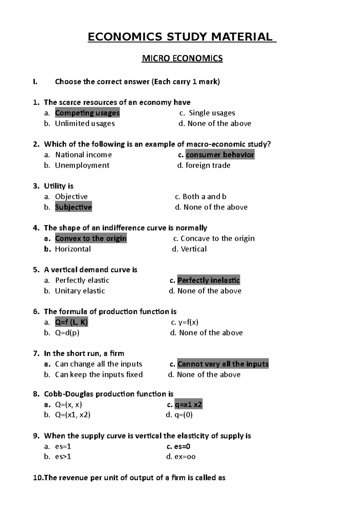Economics Study Material - ECONOMICS STUDY MATERIAL MICRO ECONOMICS I ...
