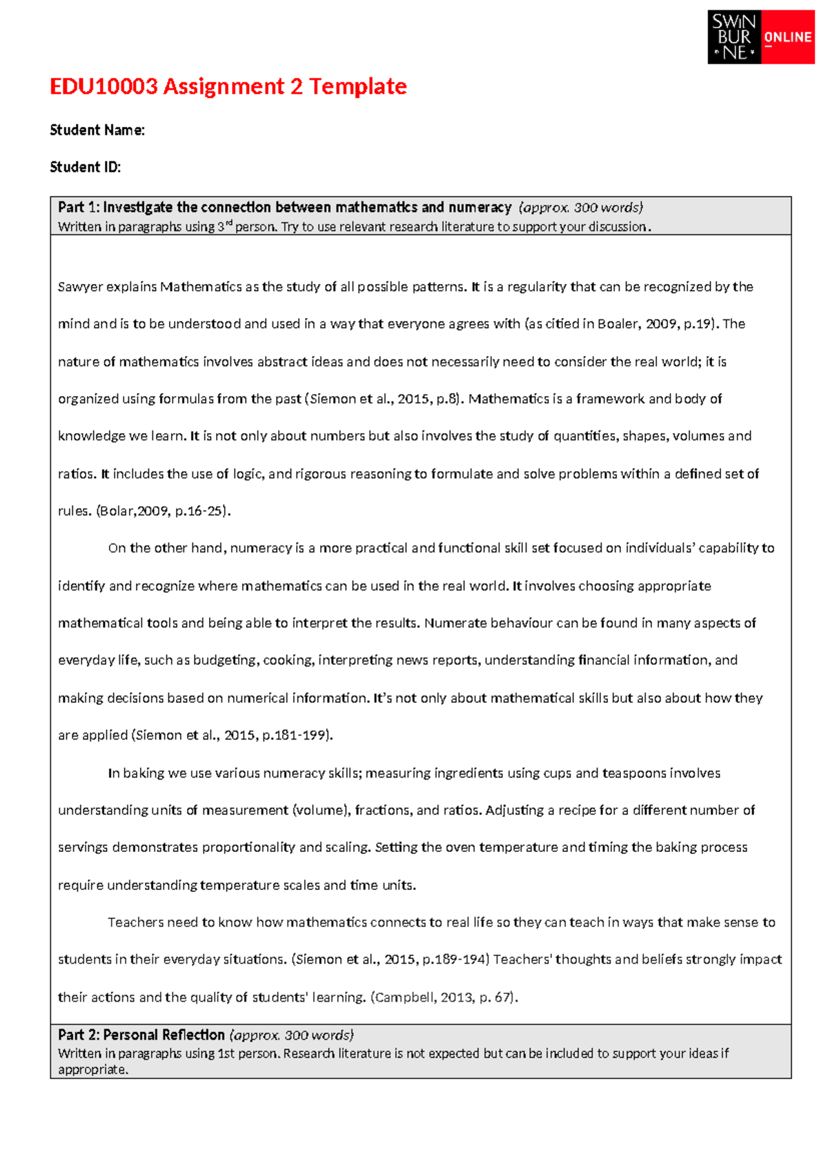 EDU10003 Assignment 2 Reflection Template V1.2 - EDU10003 Assignment 2 Template Student Name ...