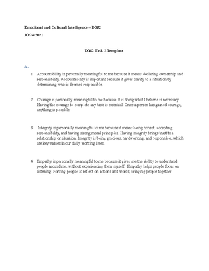 D082 task 2 - wgu d082 - D082 Task 2 A. Personal Values Respect is a ...