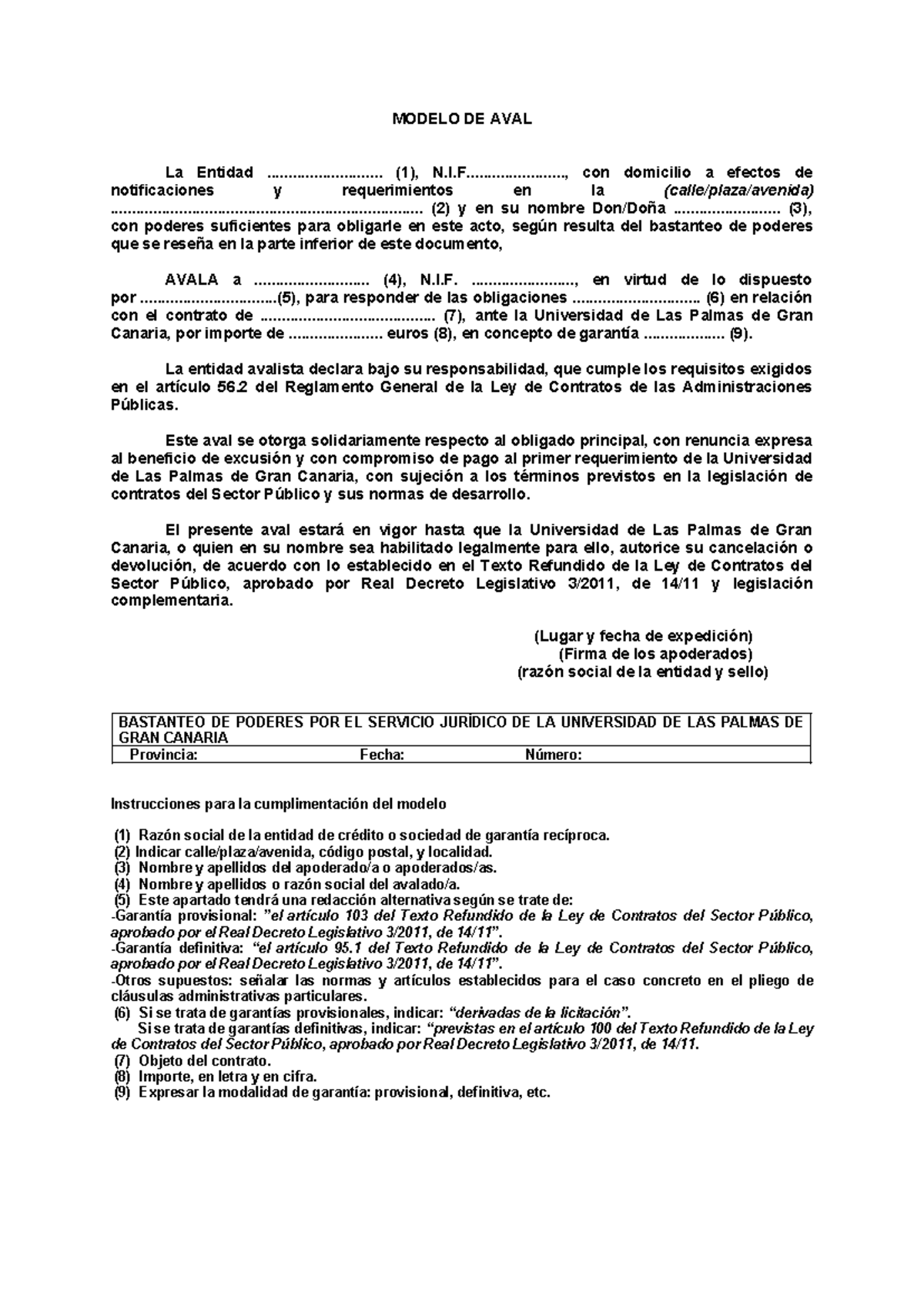 Modelo aval tr lcsp decreto 32011 - MODELO DE AVAL La Entidad
