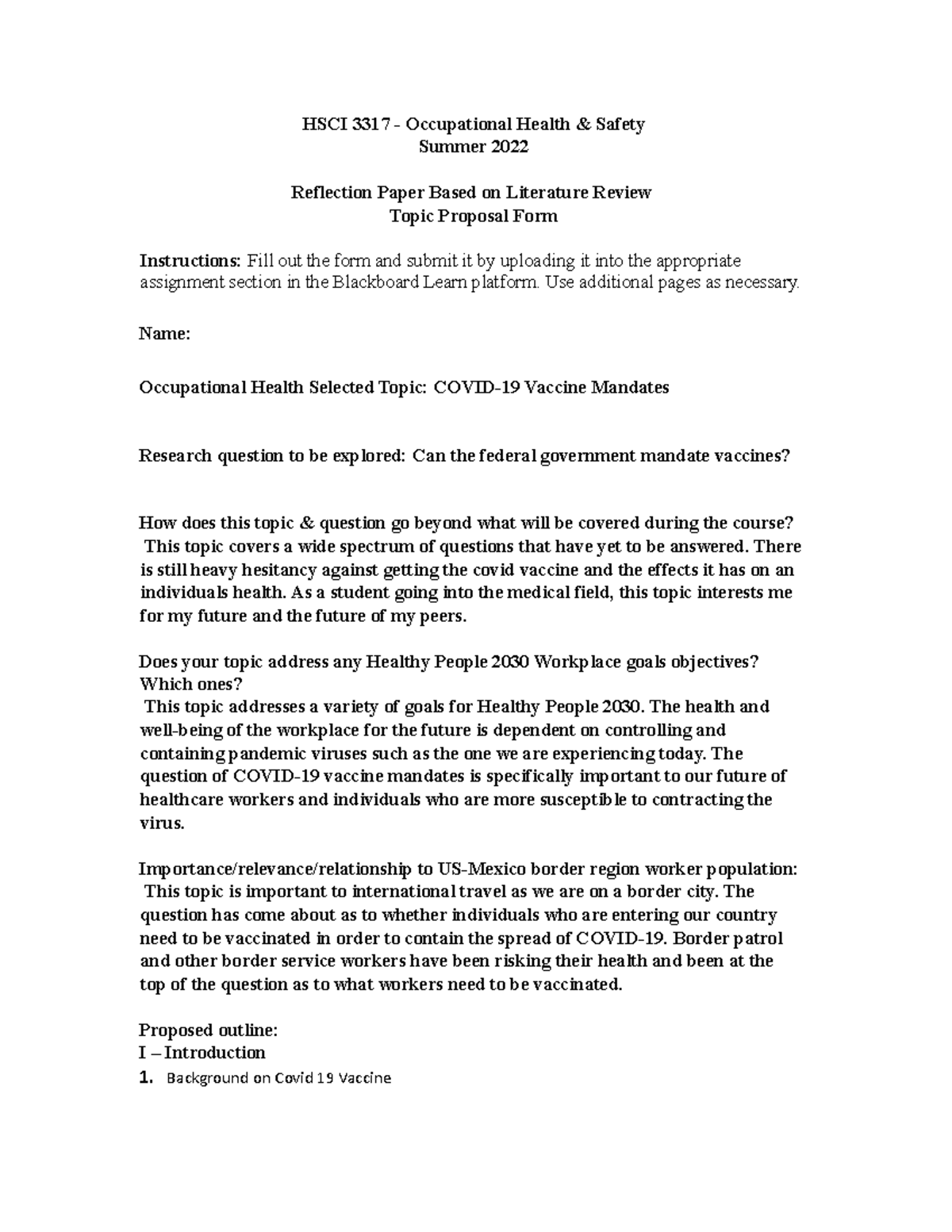 OHS Topic Proposal FORM - HSCI 3317 - Occupational Health & Safety ...