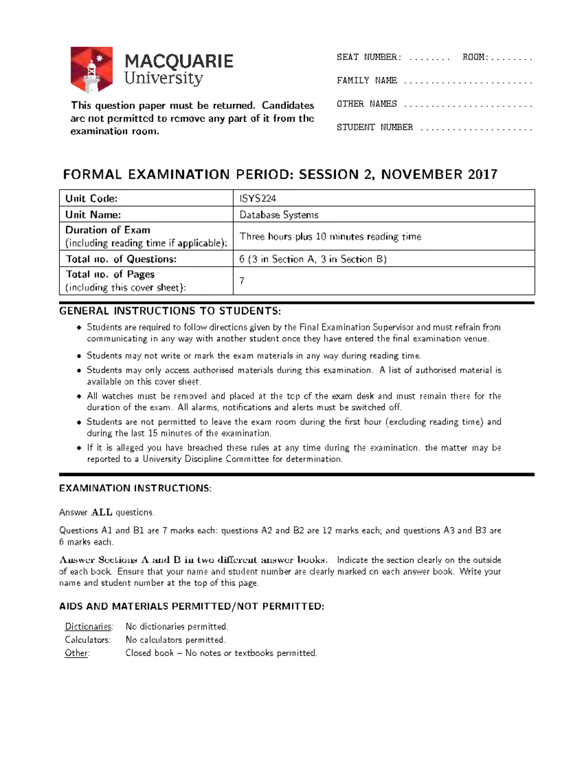 ISYS224 - practise paper - m S E A T N U M B E R : R O O M : M A C Q U A R I E U n i v e r s i t ...