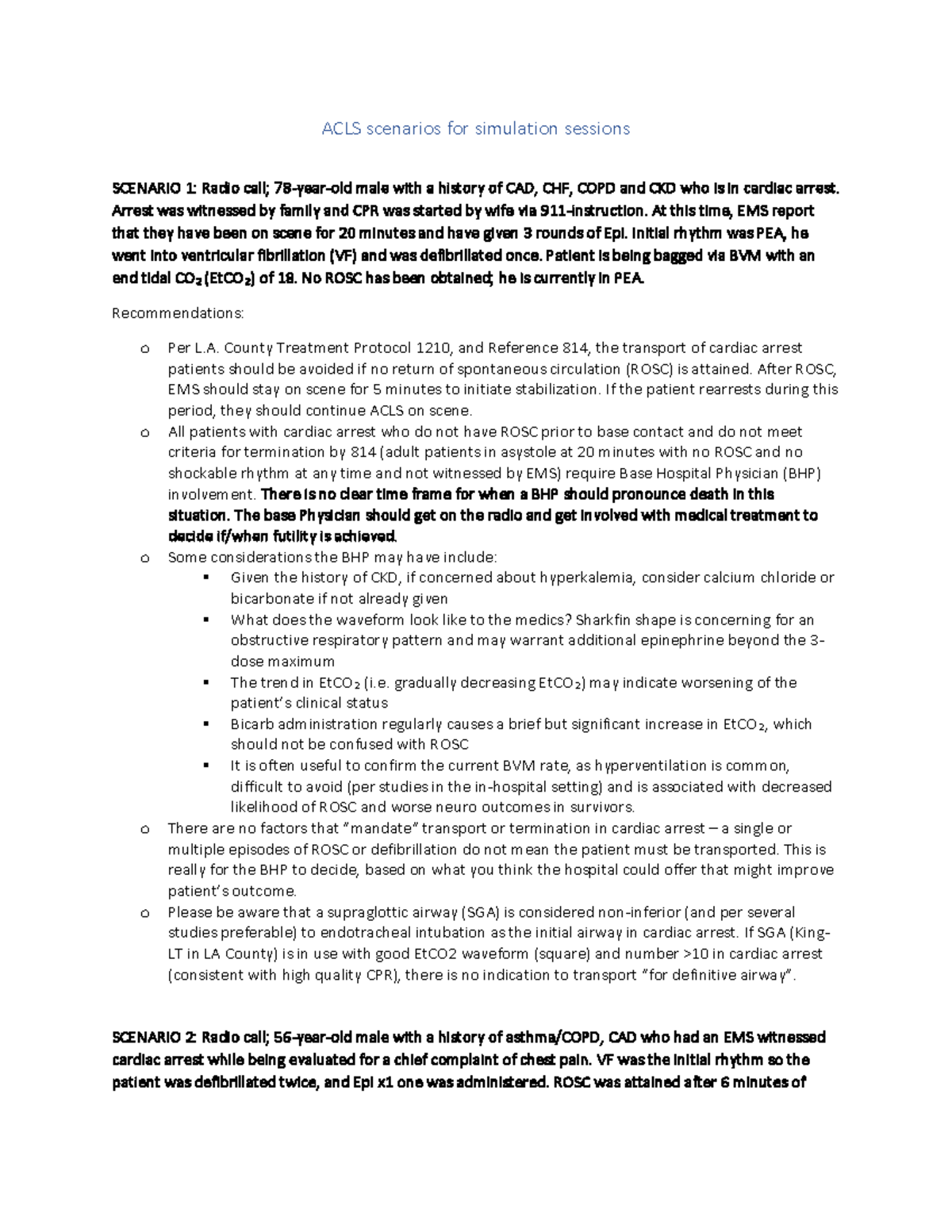 ACLS simulation scenarios final - EMS1119 - MDC - Studocu