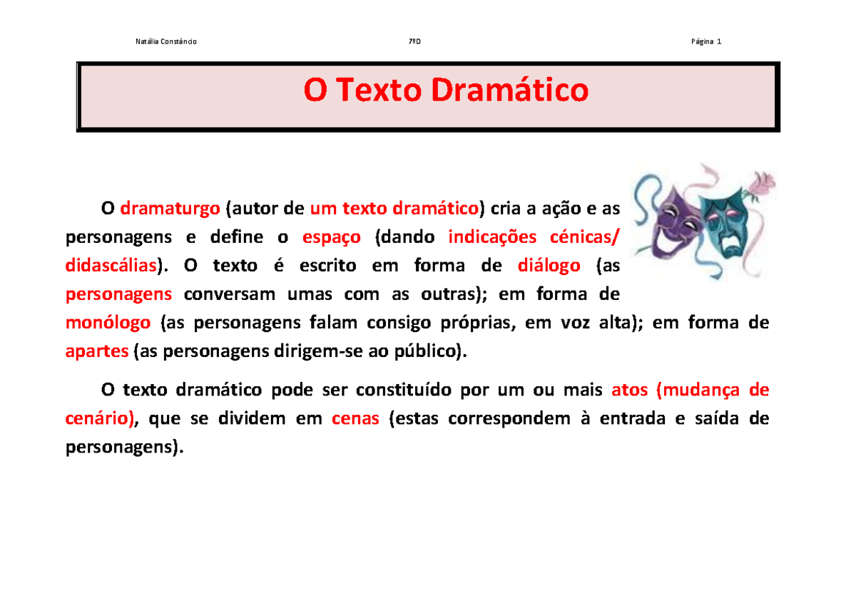 Características do texto dramático - Natália Constâncio 7ºD Página 1 O ...