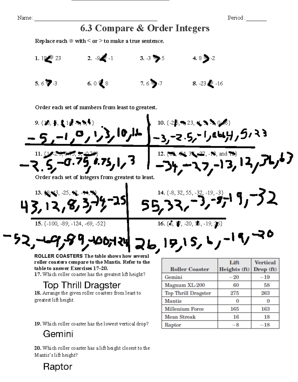 6.3 Compare and Order Integers - 6 Compare & Order Integers Name: - Studocu