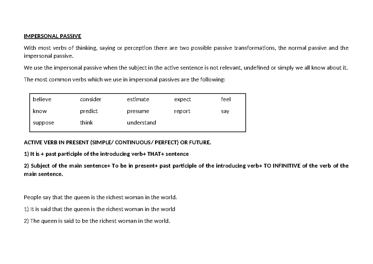Impersonal Passive Theory AND Correction - IMPERSONAL PASSIVE With most ...
