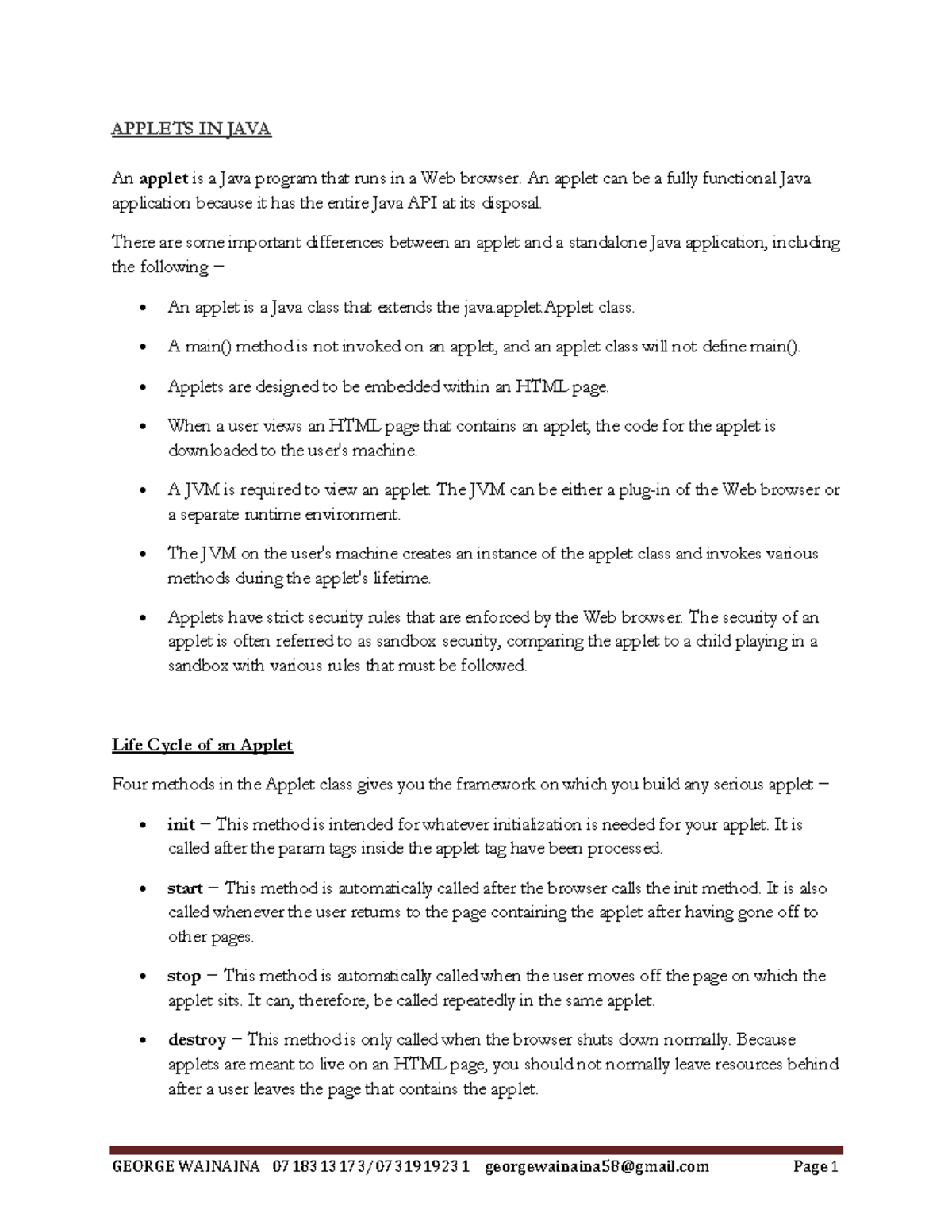 Java Applets Notes Applets In Java An Applet Is A Java Program That 9579