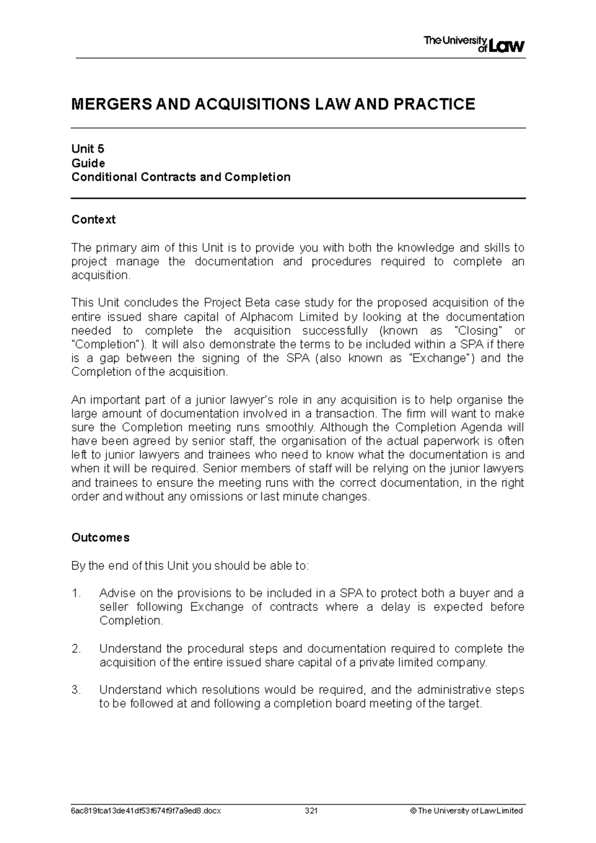 WS5 guide - MERGERS AND ACQUISITIONS LAW AND PRACTICE Unit 5 Guide ...