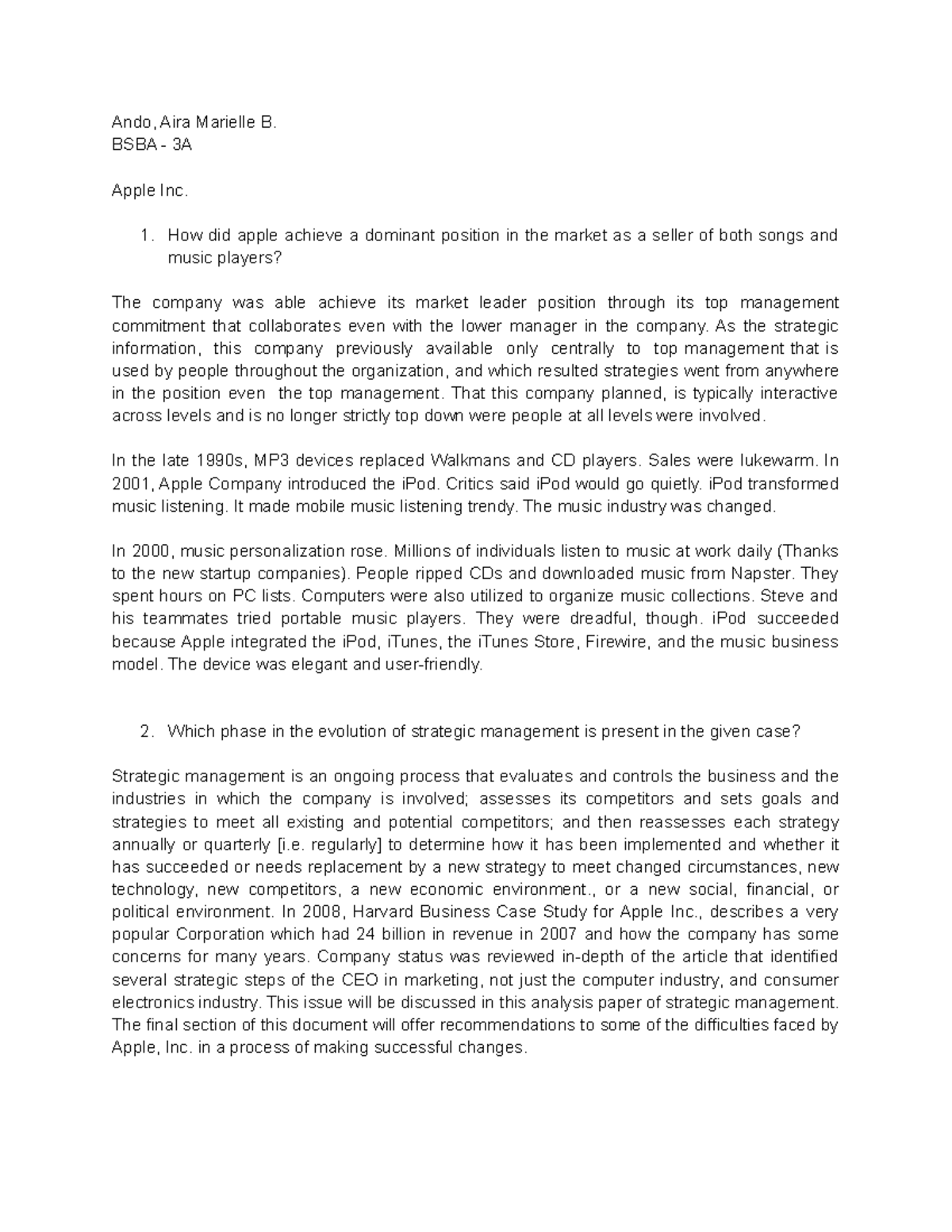 Apple Inc - Essays - Ando, Aira Marielle B. BSBA - 3A Apple Inc. How ...