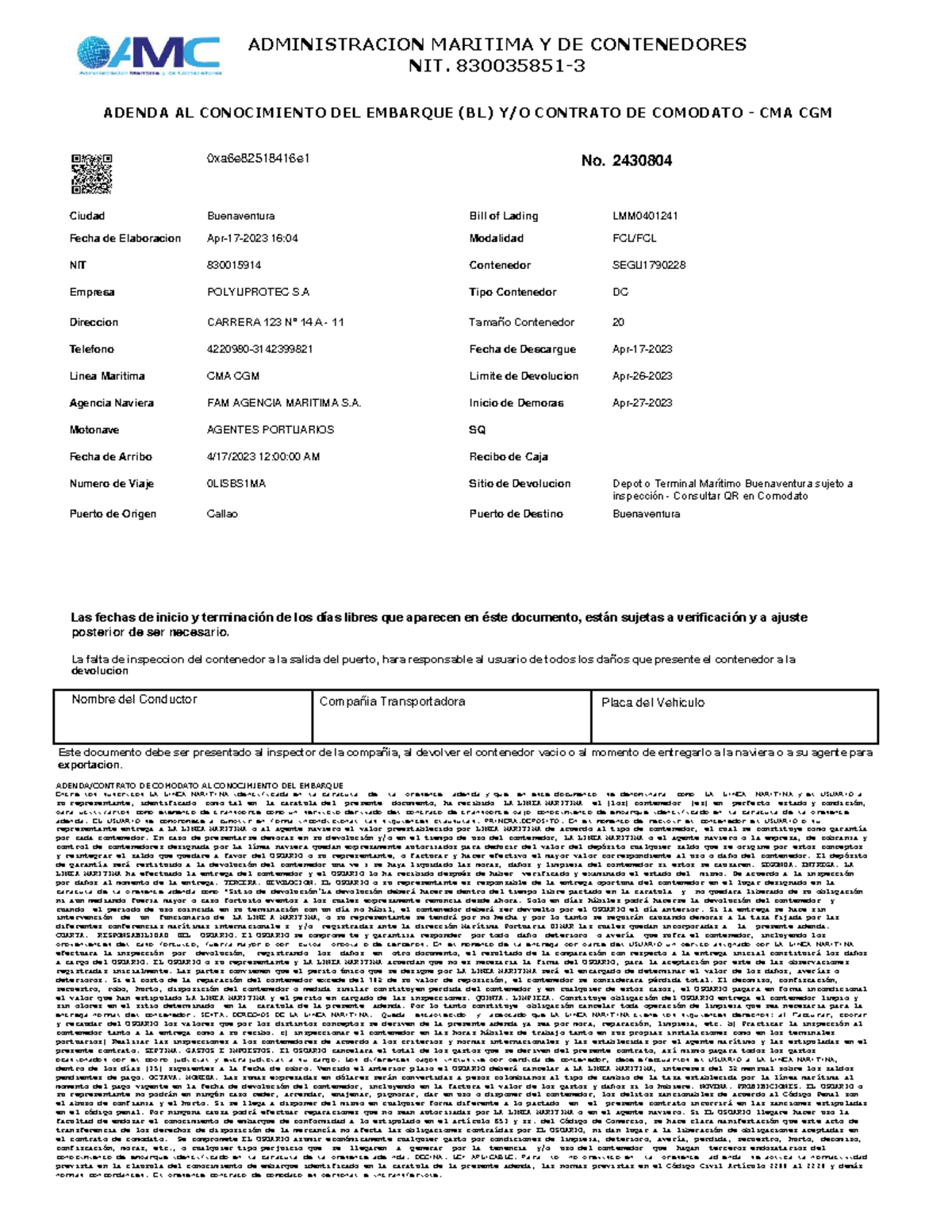 Cargo AMC Adenda AMC Polyu - ADMINISTRACION MARITIMA Y DE CONTENEDORES ...