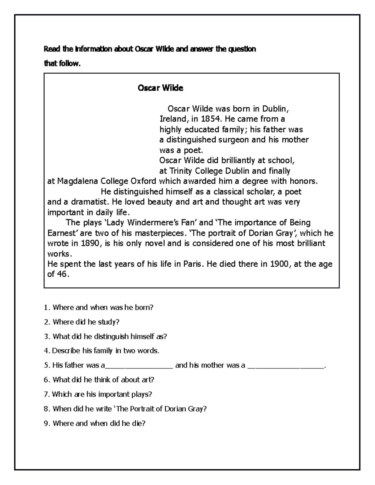 Literature - Practice - Read the information about Oscar Wilde and ...
