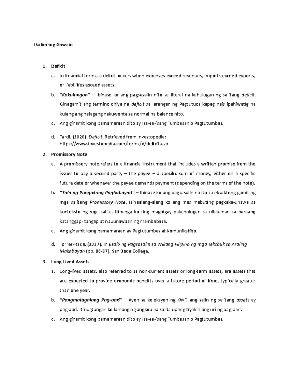 Pagsasalin ng mga Terminong ginagamit sa Accountancy - Ikalimang Gawain ...