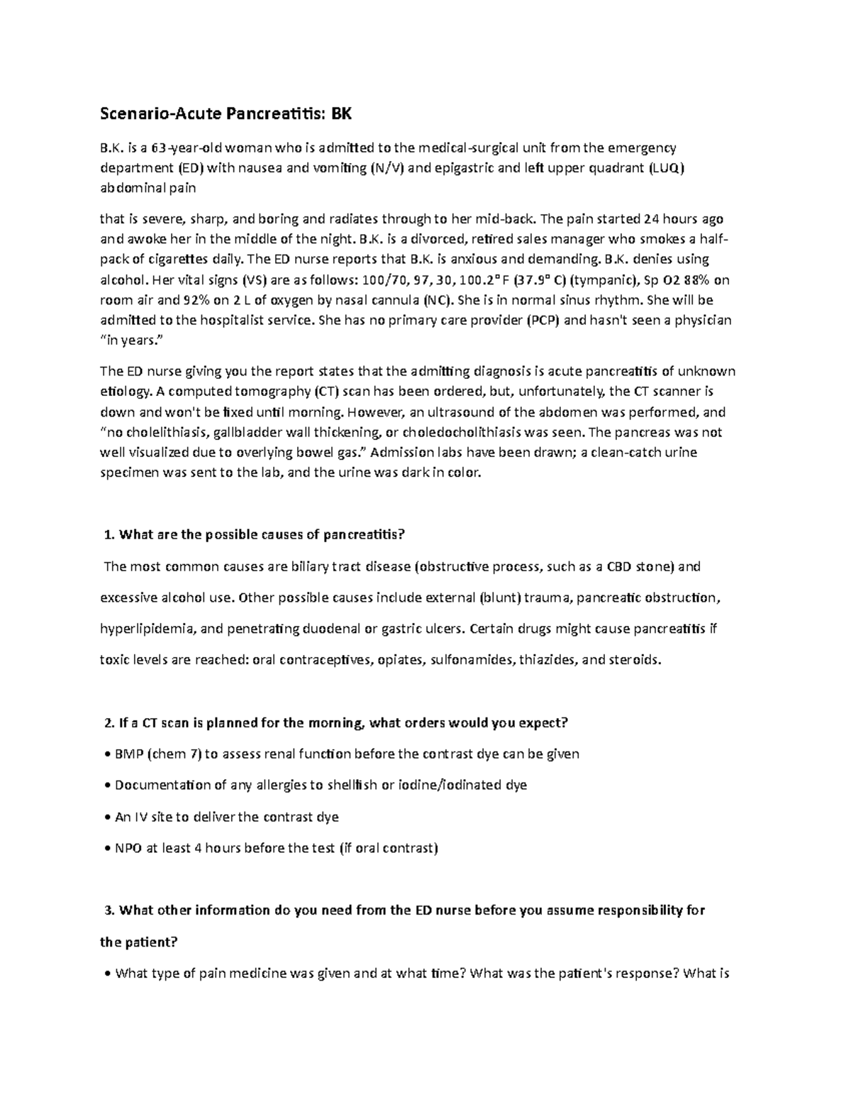 NUR 355 BK Pancreatitis Case Study - Scenario-Acute Pancreatitis: BK B ...