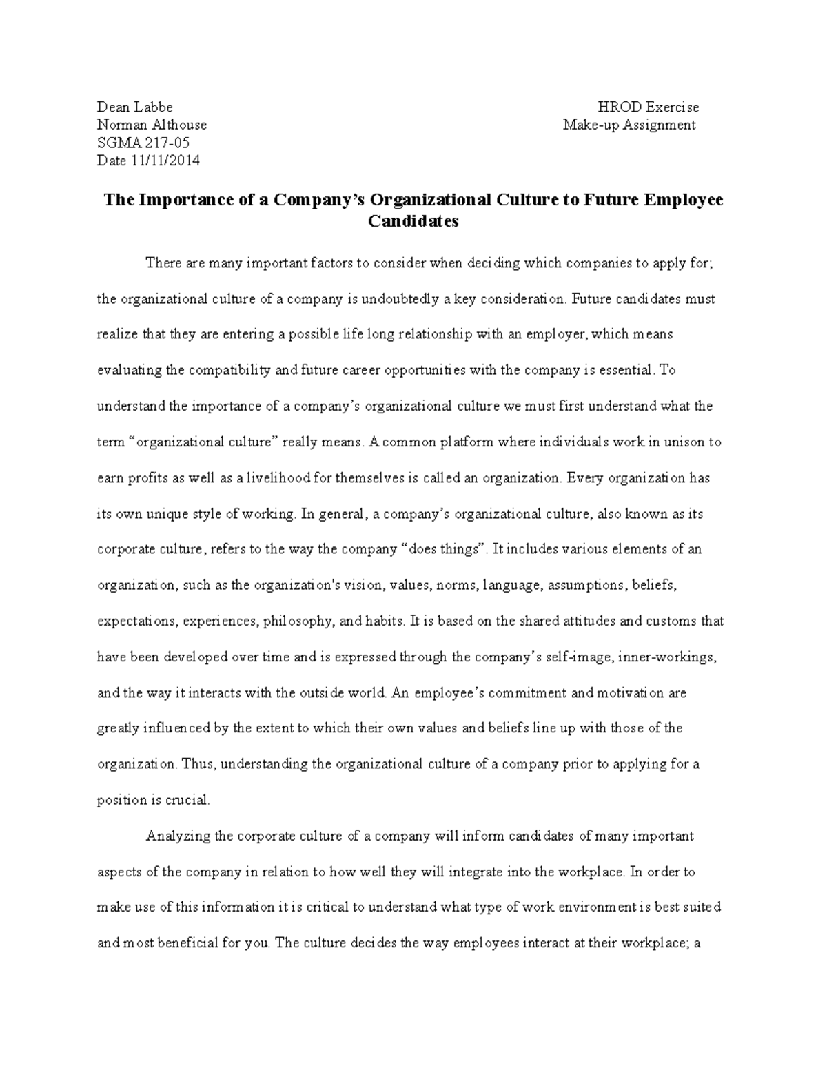 Seminar assignments - HROD Excercise Makeup Assignment - Dean Labbe ...