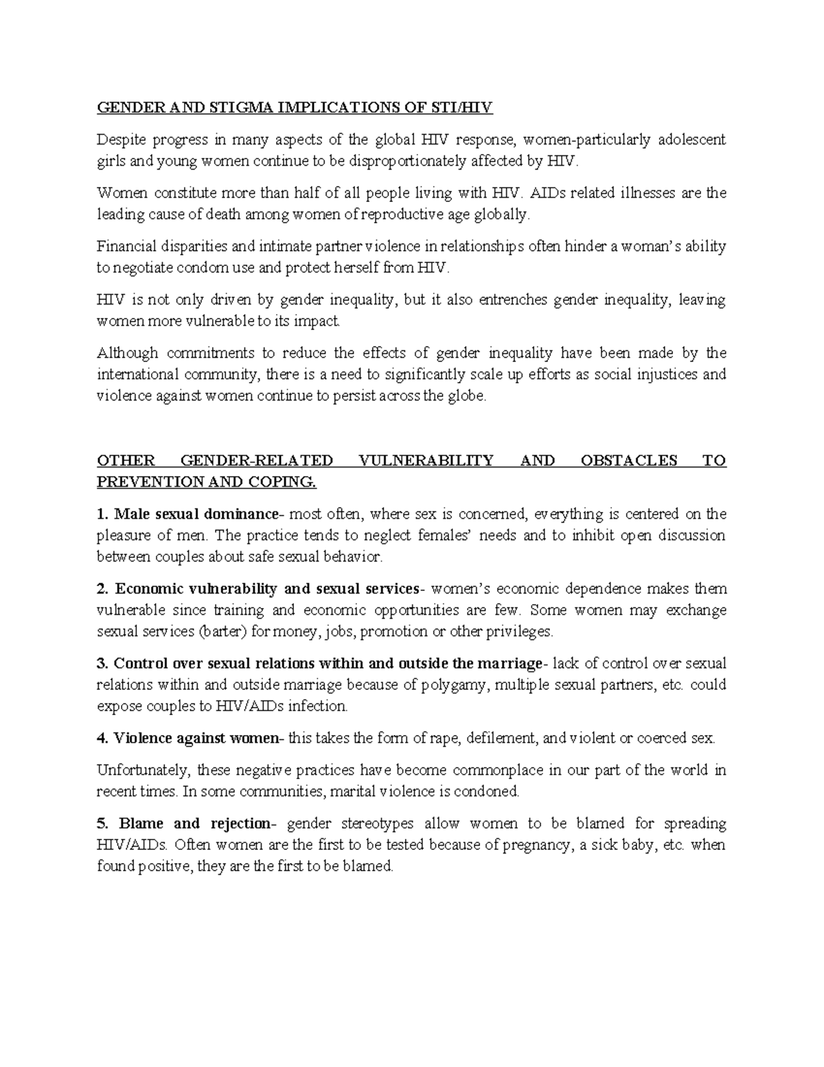 UNIT 3 - notes - GENDER AND STIGMA IMPLICATIONS OF STI/HIV Despite ...