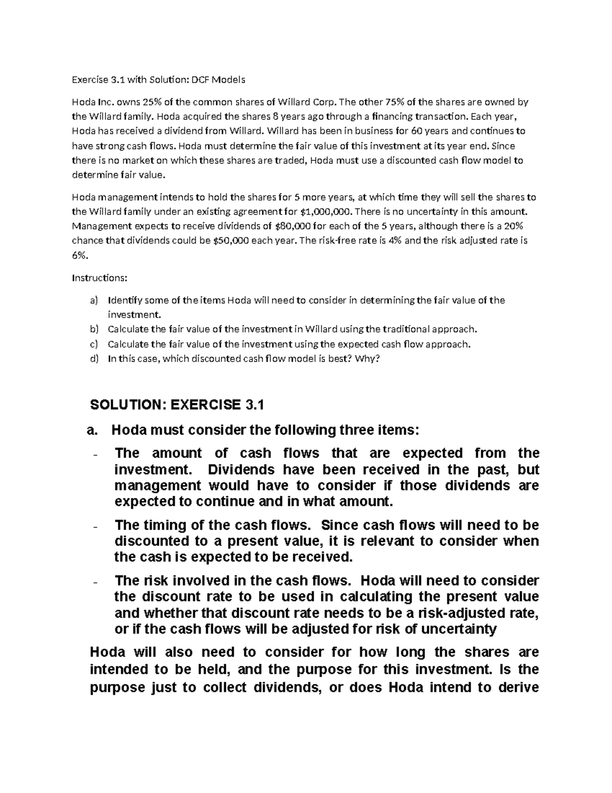Exercise 3.1 with Solution - Exercise 3 with Solution: DCF Models Hoda Inc. owns 25% of the ...