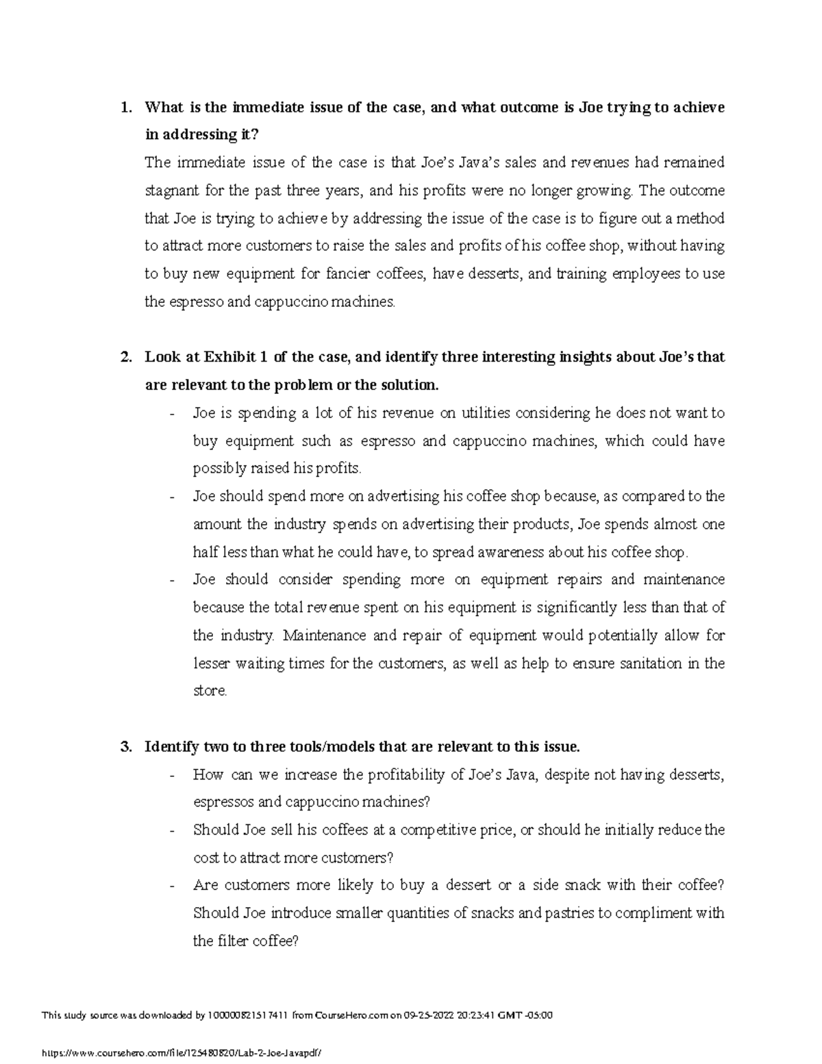Lab 2 Joe Java - lab work for joes java - 1. What is the immediate ...