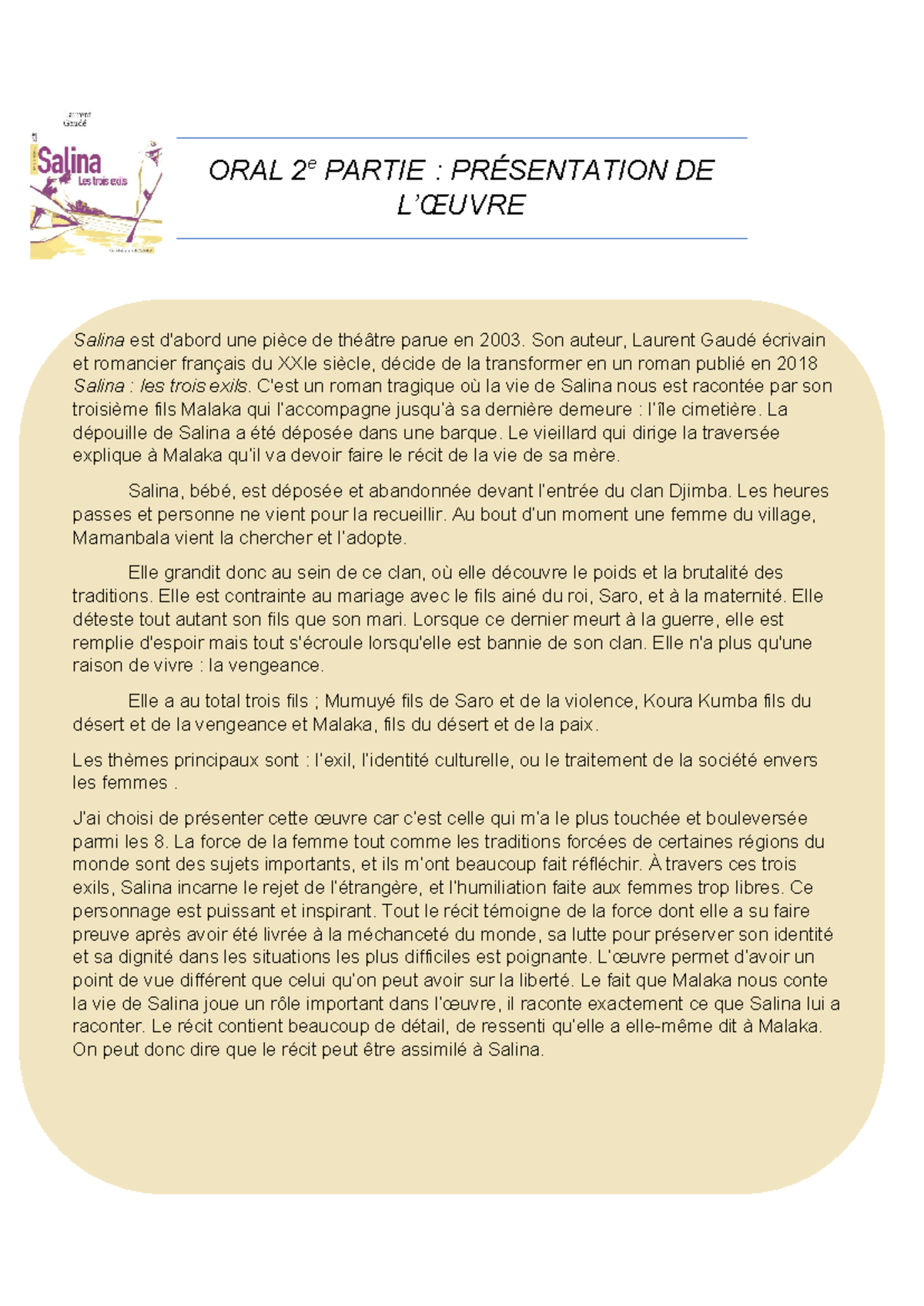 ORAL 2e Partie - ORAL 2 e PARTIE : PRÉSENTATION DE L’ŒUVRE Salina est d ...