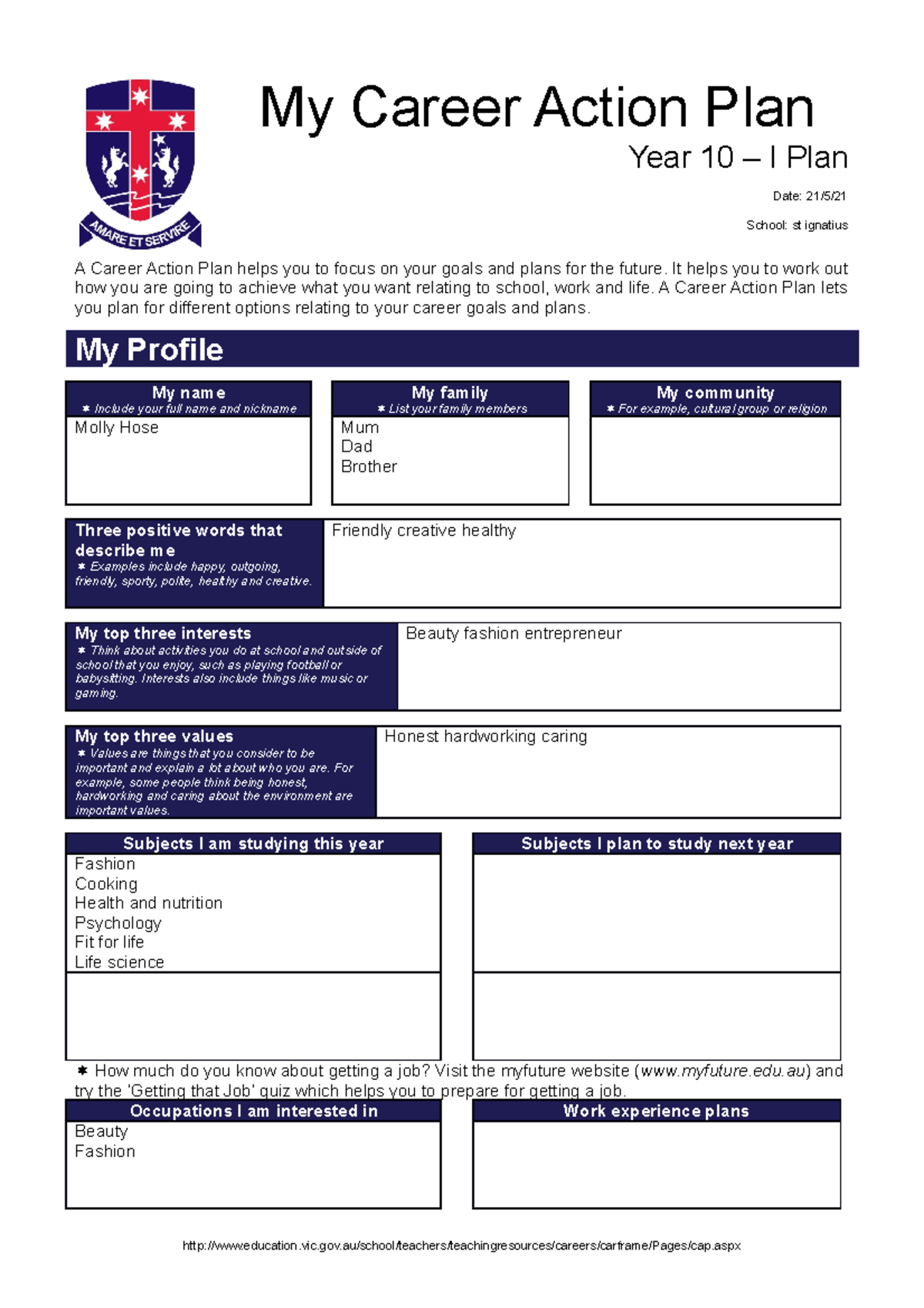 Career Action Plan Year 10 - It helps you to work out how you are going ...